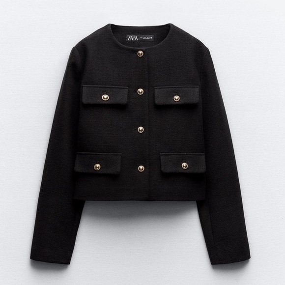 Zara | Jackets & Coats | Zara Black Cropped Flap Jacket With Gold ...